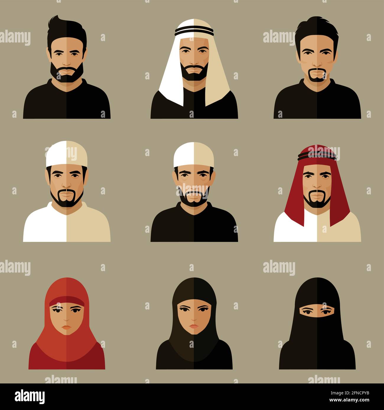 set of flat muslim avatars, vector arab people team, saudi characters ...