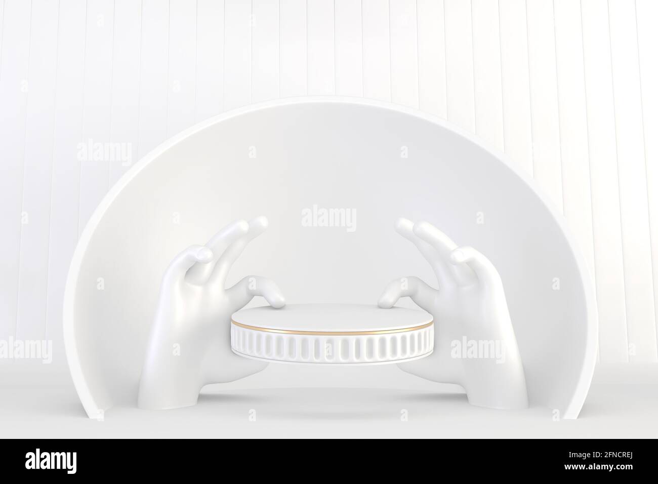 The white hand that is raising the pallet for the product display.3D ...