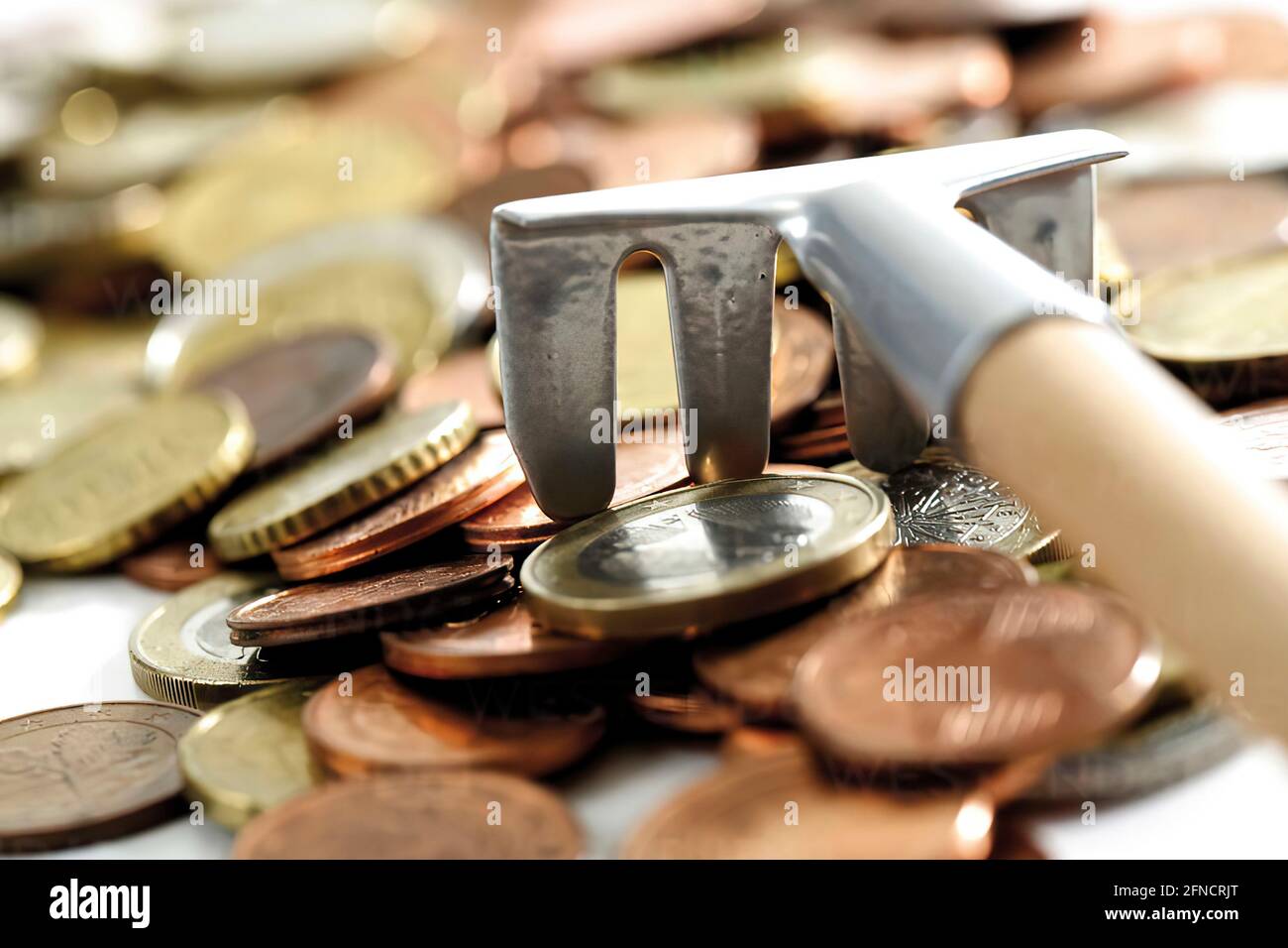Rake and euro coins, symbol for accumulating money Stock Photo - Alamy