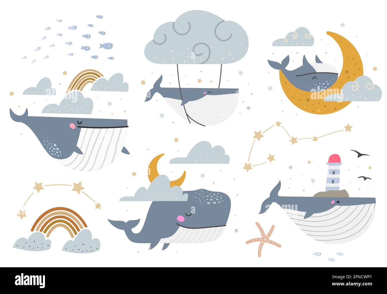 Celestial whales vector set. Collection of various fantasy ...