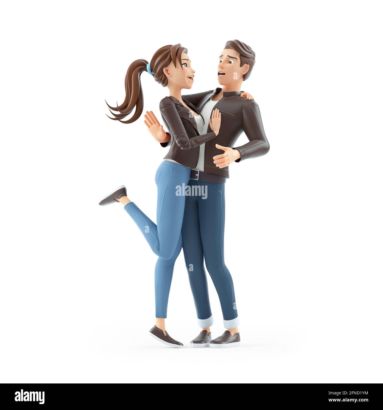 3d cartoon woman hugging embarrassed man, illustration isolated on ...