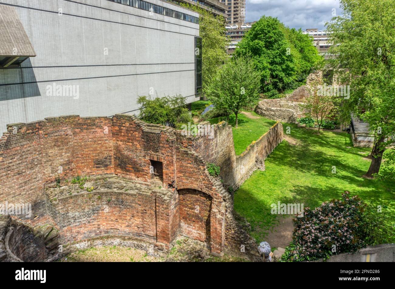The line of London's Roman Wall at the Barbican marked by the remains ...
