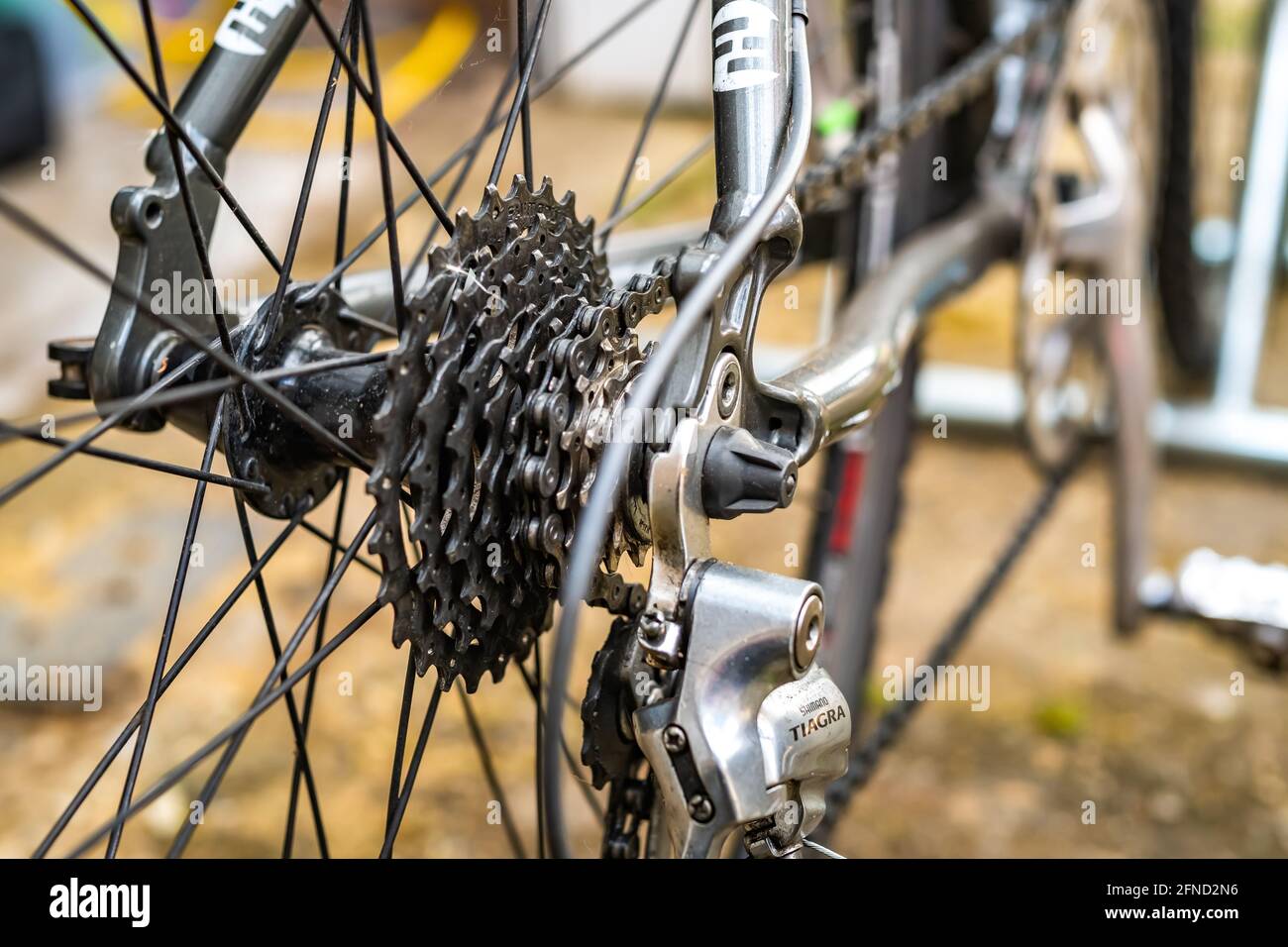 Close and selective focus on the sprockets, cogs, chain and drive ...