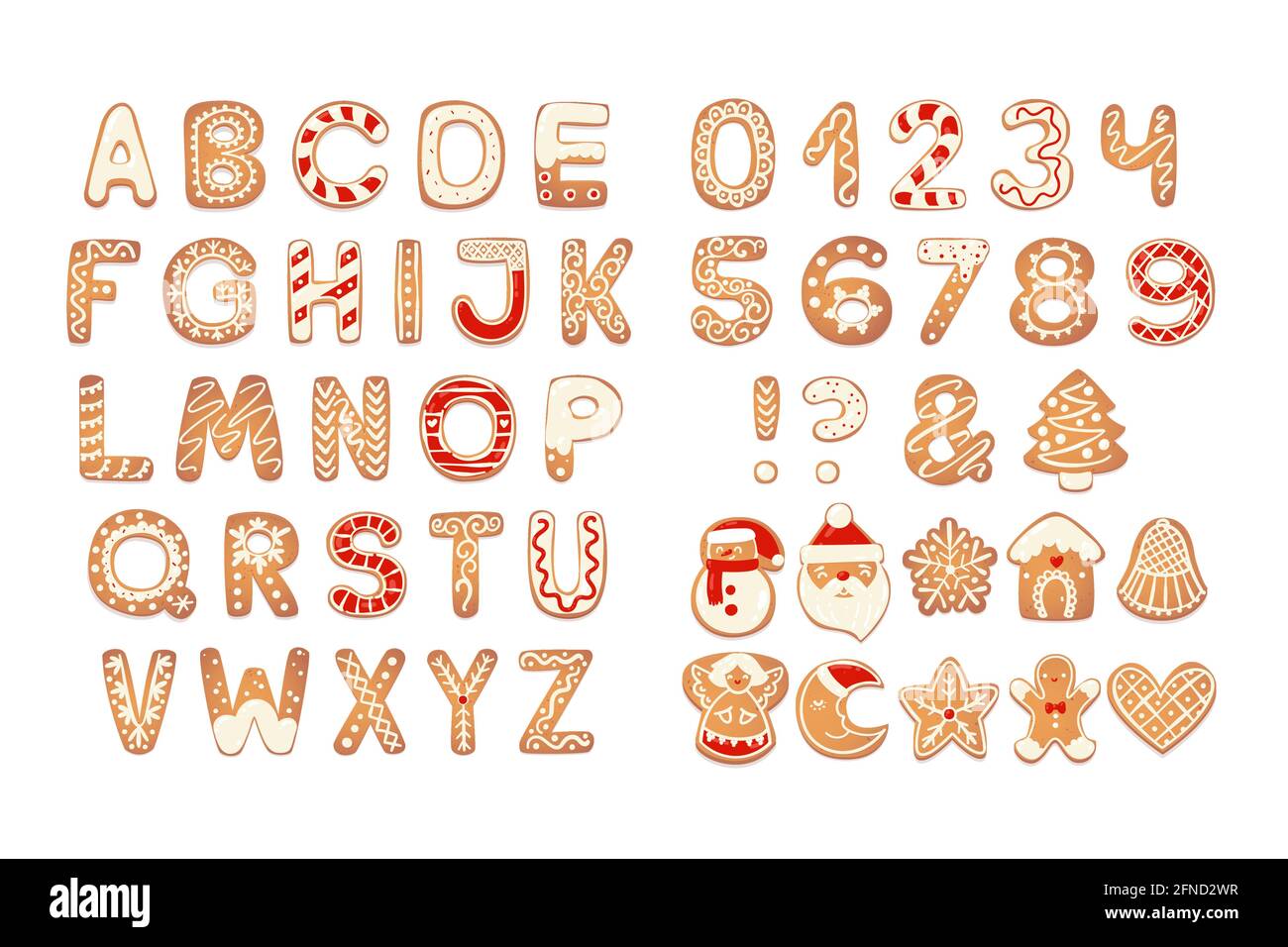 Christmas gingerbread cookies alphabet with figures. Biscuit letters ...