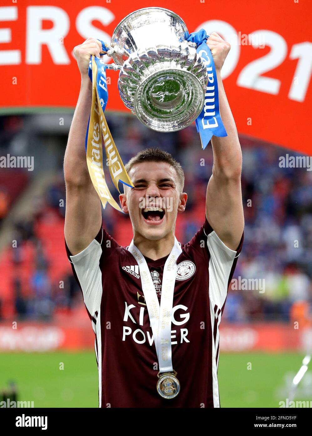 Leicester City's Luke Thomas celebrates with the trophy after winning ...