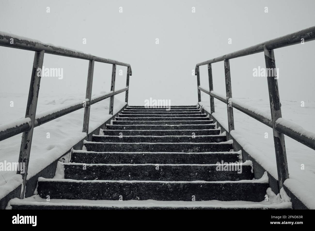 Snow-covered stairs on a slope with a steel railing on a foggy winter ...