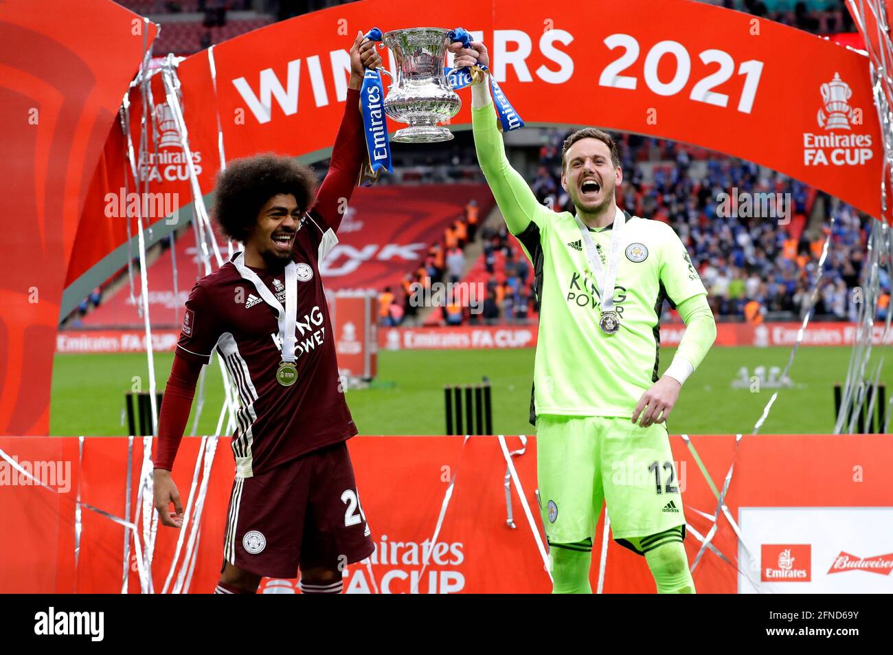 Leicester City's Hamza Choudhury (left) and goalkeeper Danny Ward ...