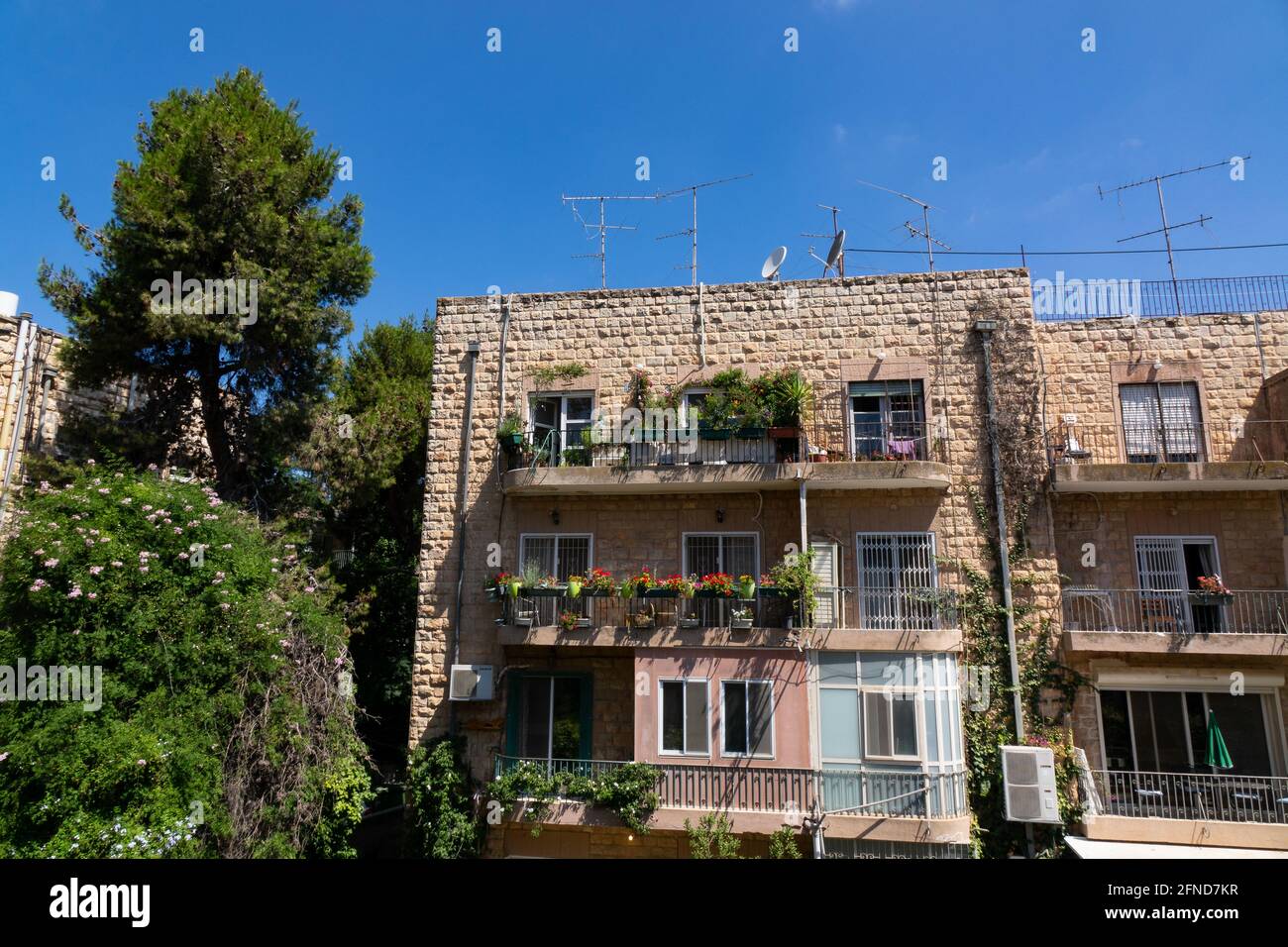 Stone facade of four story building at Rehavia neighborhood in ...