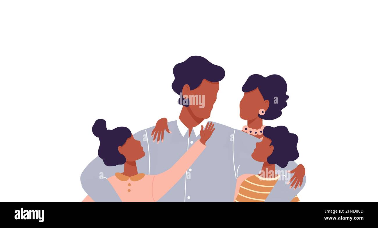 African man hugging his son and daughter. Faceless dad and mom together ...