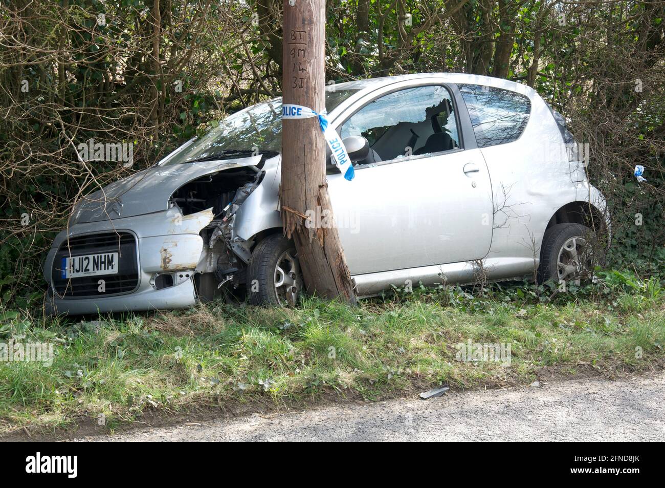 Car crash. Abandoned wreckage of a silver Citroën C1 VTR+ which has ...