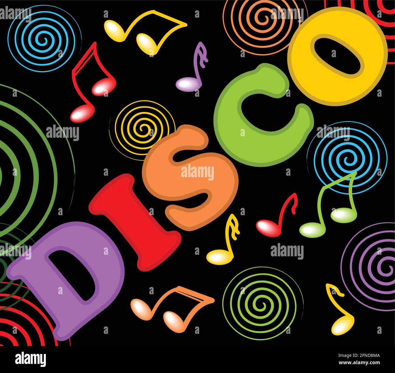 Disco billboard with neon swirl and music symbols in rainbow colors ...