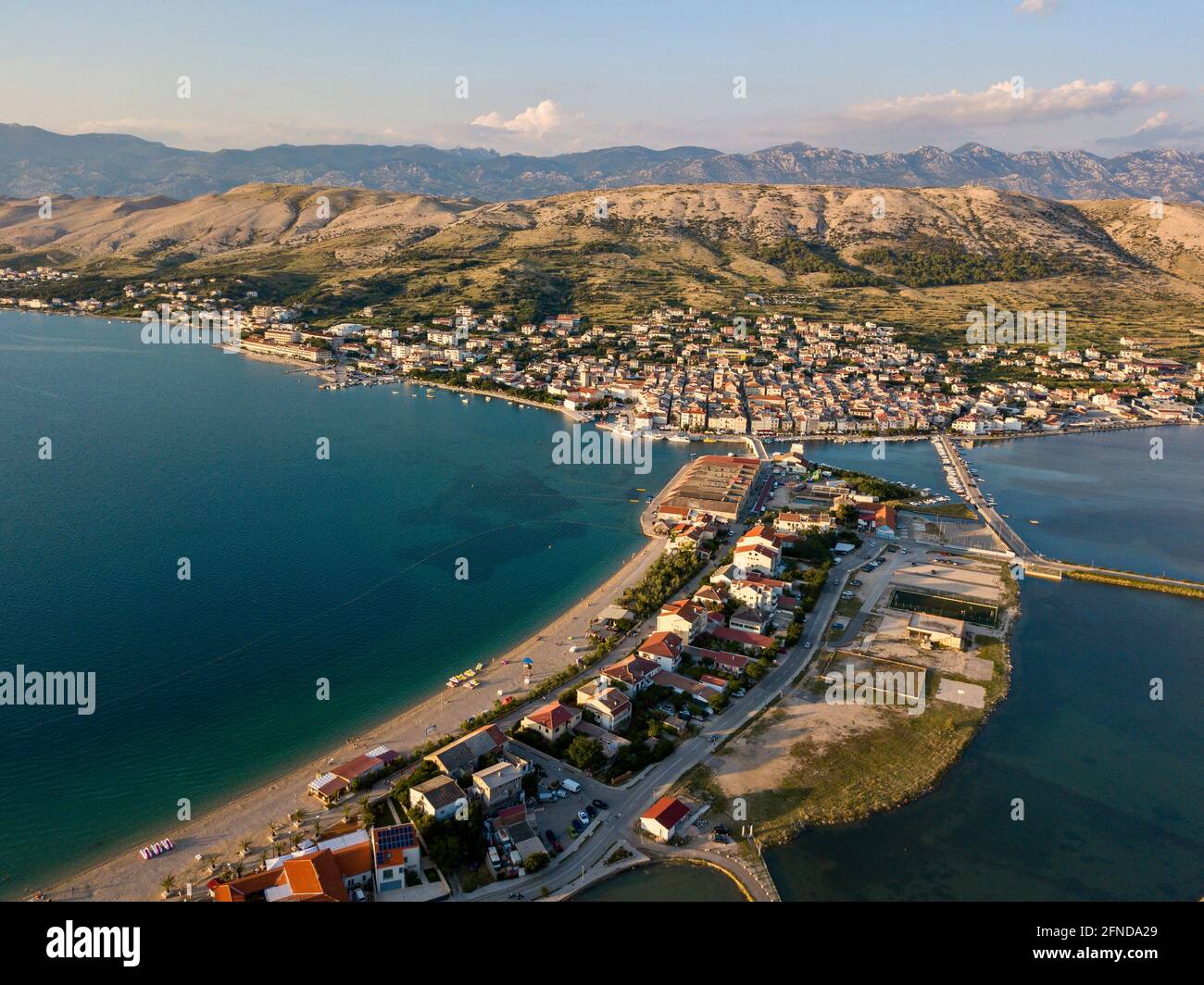 Aerial view of the town of Pag, on the island of Pag, Croatia. Seabed ...
