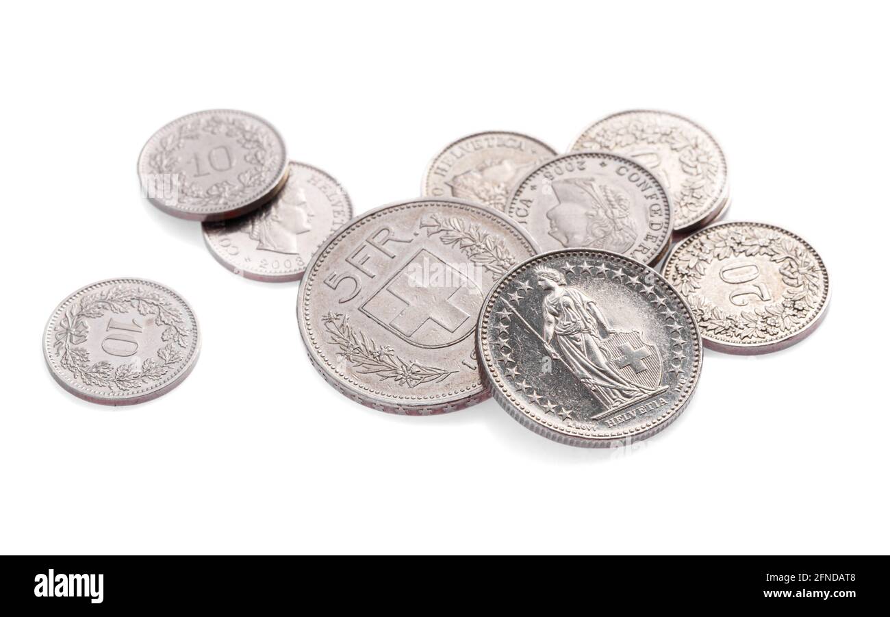 Modern swiss change coins on white background Stock Photo - Alamy
