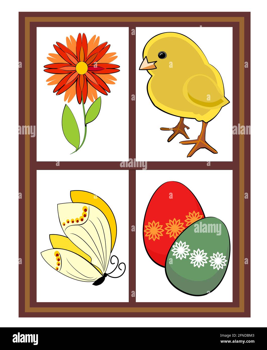 Easter illustration - spring window with chicken, flower, butterfly and ...