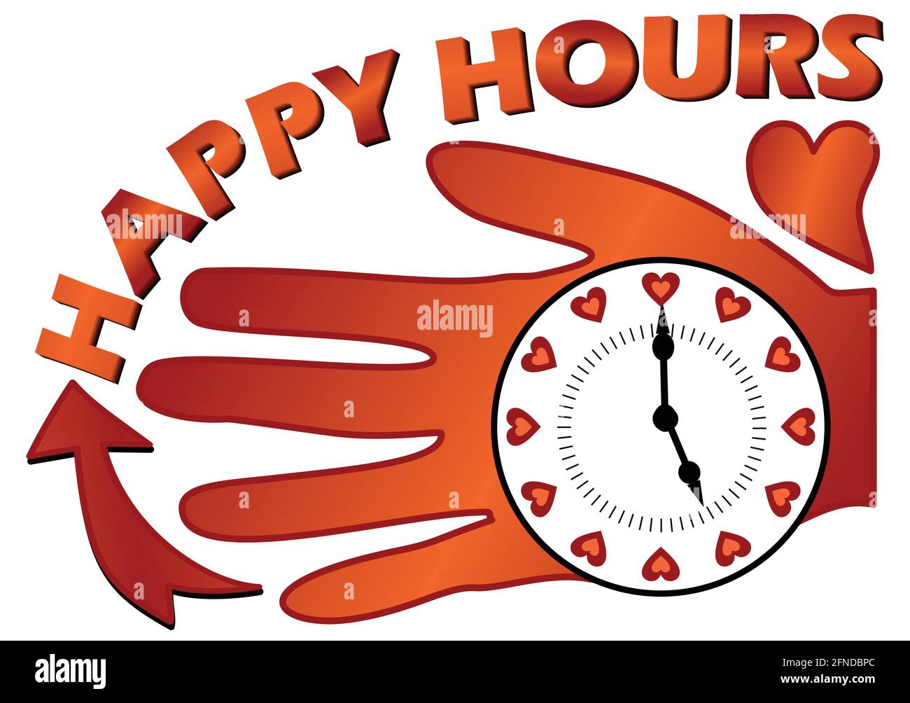 Happy hours billboard with a clock on the palm in composition with a ...