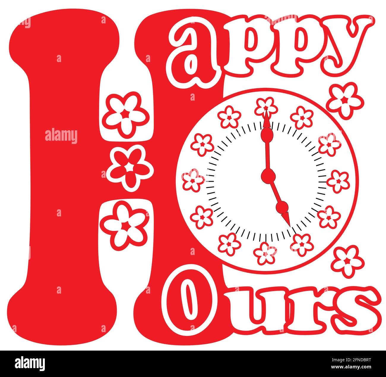 Happy Hours Pictogram In Red Color With Clock Face And Flowers On White happy-hours-pictogram-in-red-color-with-clock-face-and-flowers-on-white