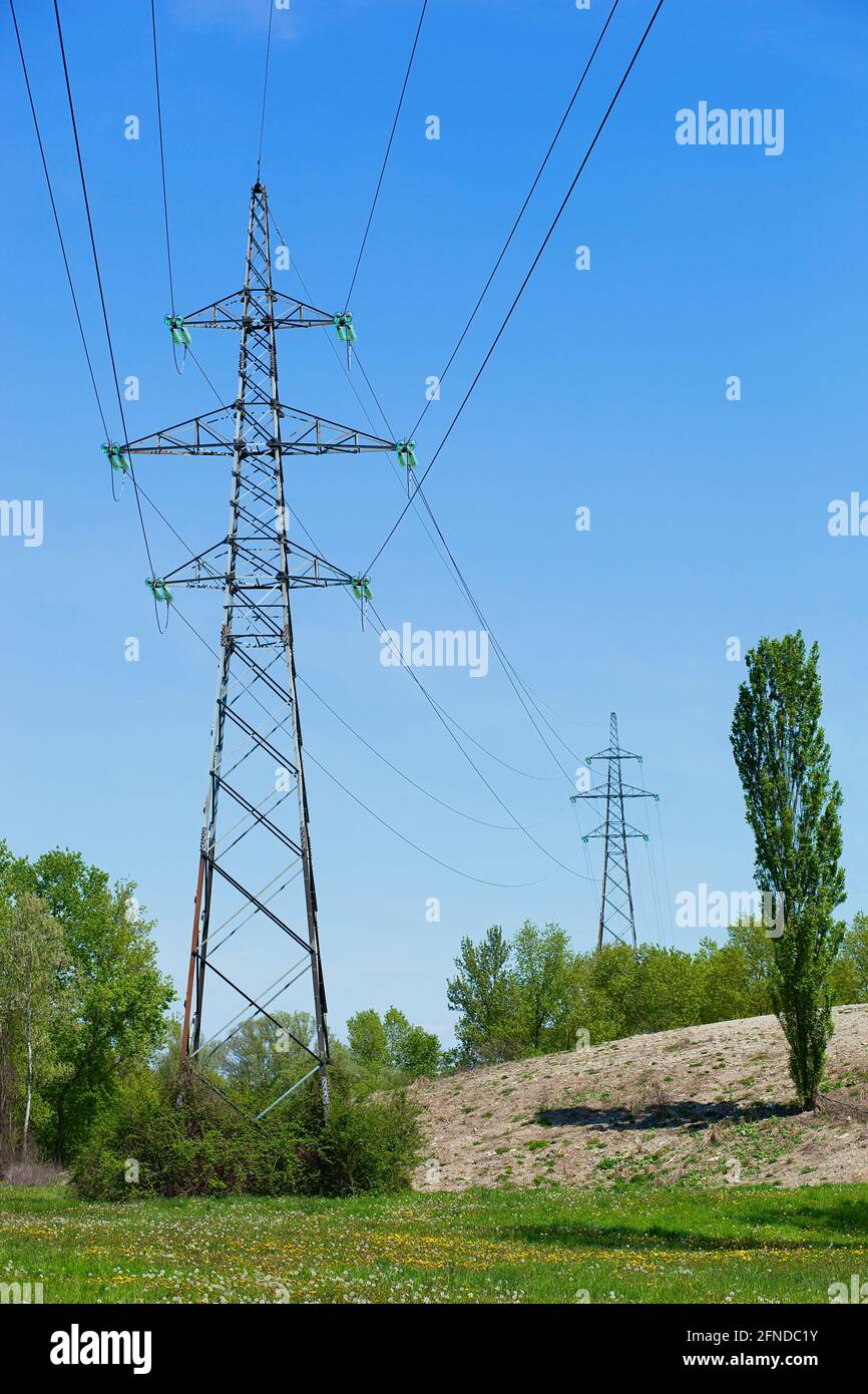 Power line pylons surrounded with greenery and trees with bright blue ...