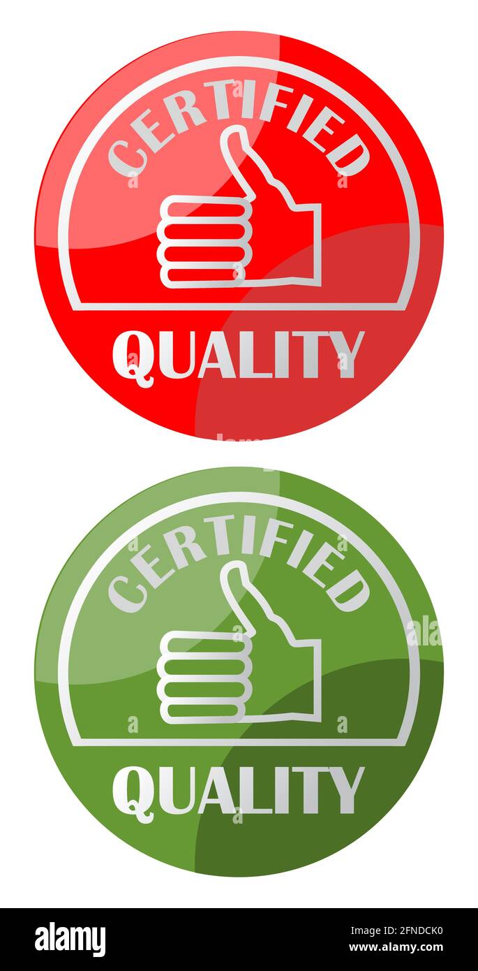Label certified quality with thumb in green and red color variants ...