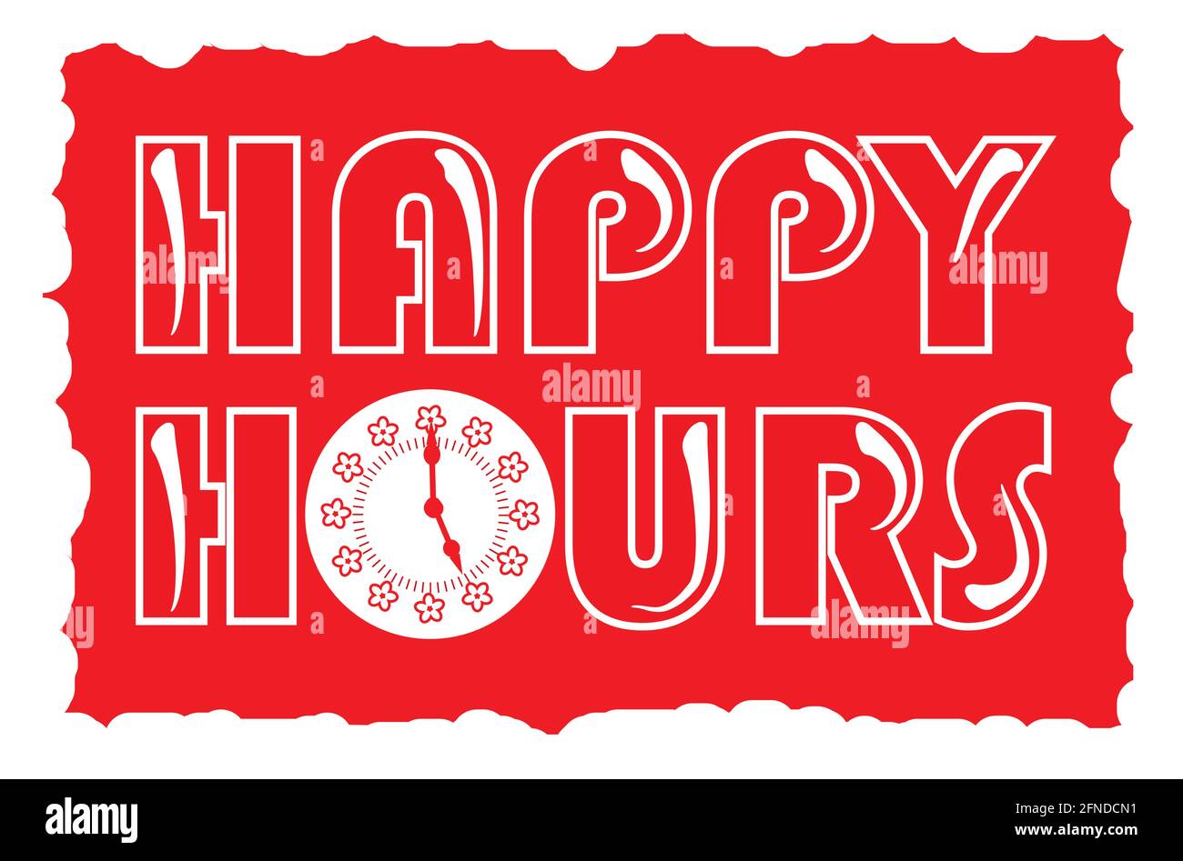 Happy hours inscription in red color with clock face in grunge style ...