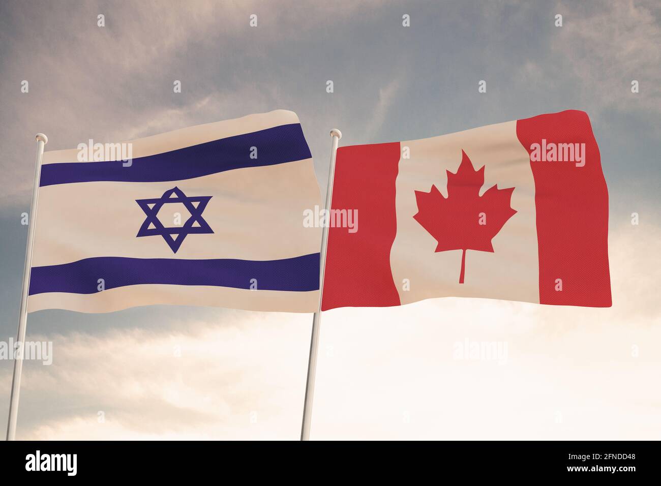 Flags of Israel and Canada waving with cloudy blue sky background, 3D ...