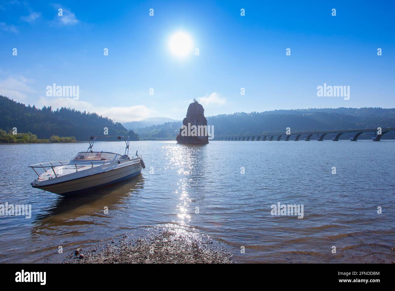 small fishing boat or yacht on the Bicaz lake. Romania landscape Stock ...