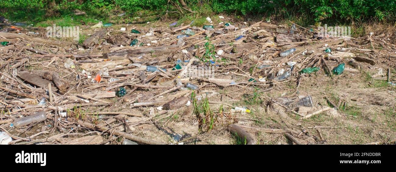 pollution with garbage or plastic waste in nature. forest scene Stock ...