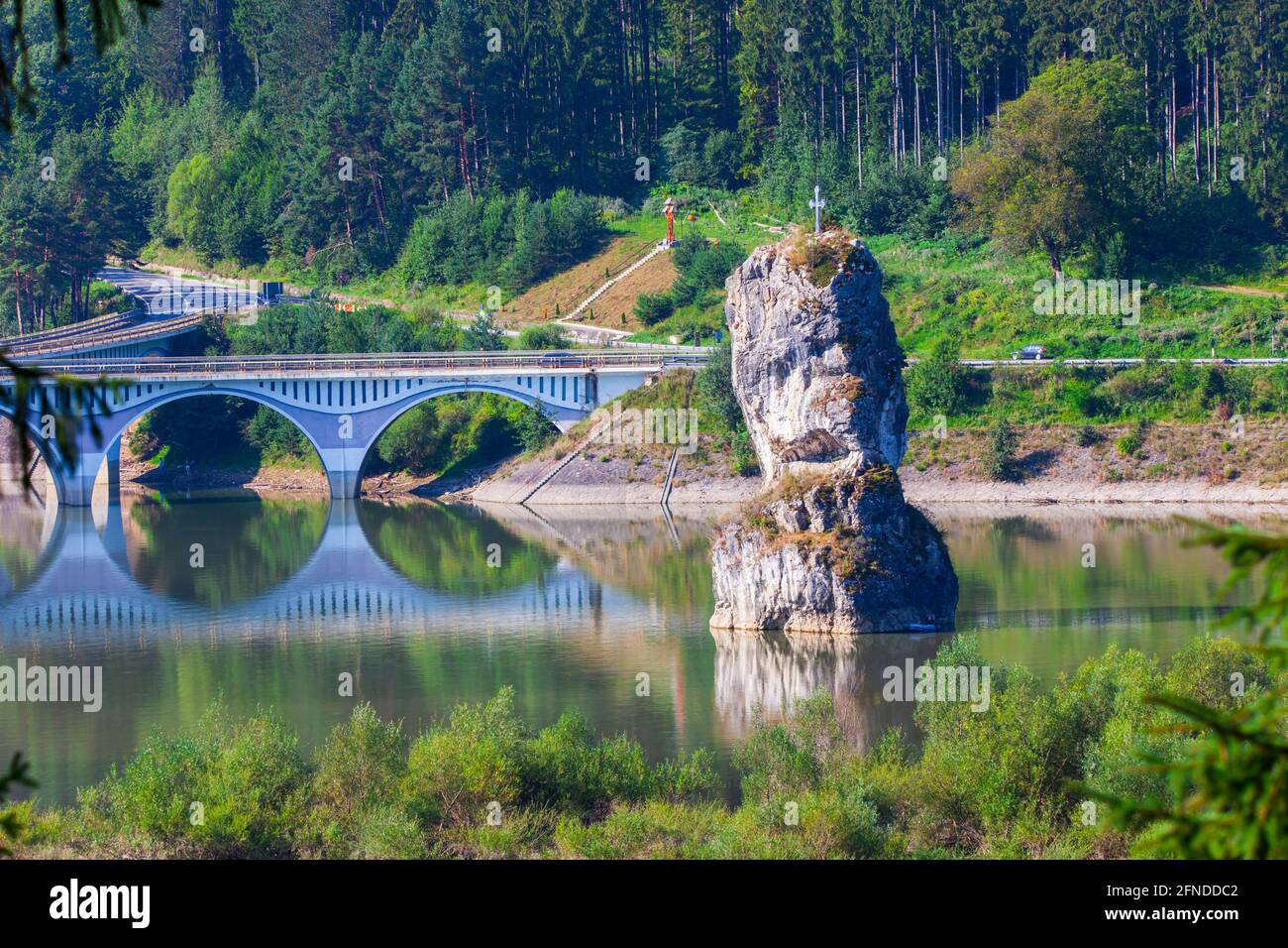 lake and viaduct in Romania. Ceahlau mountain and Bicaz lake Stock ...