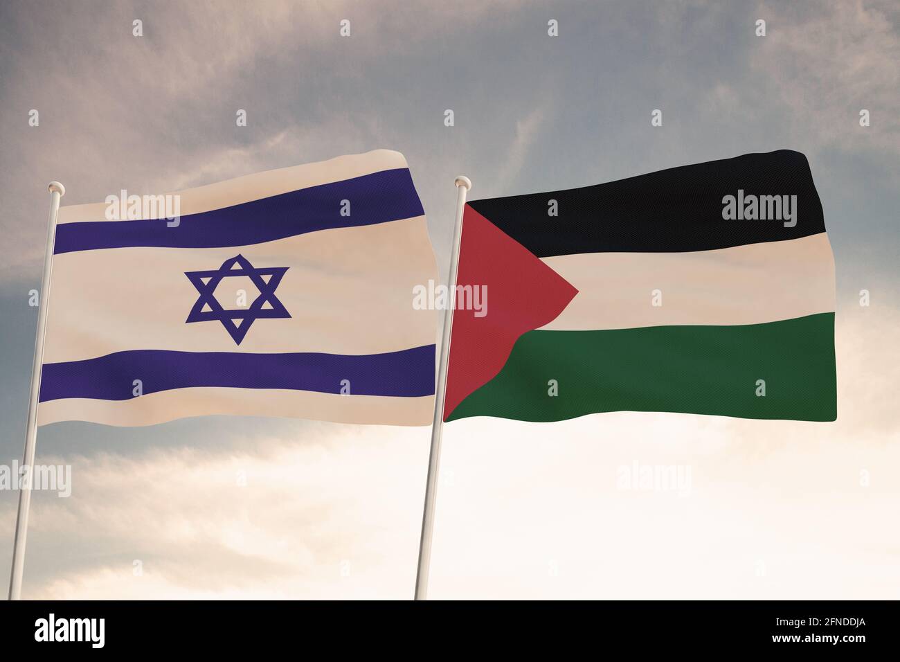 Flags of Israel and Palestine waving with cloudy blue sky background ...