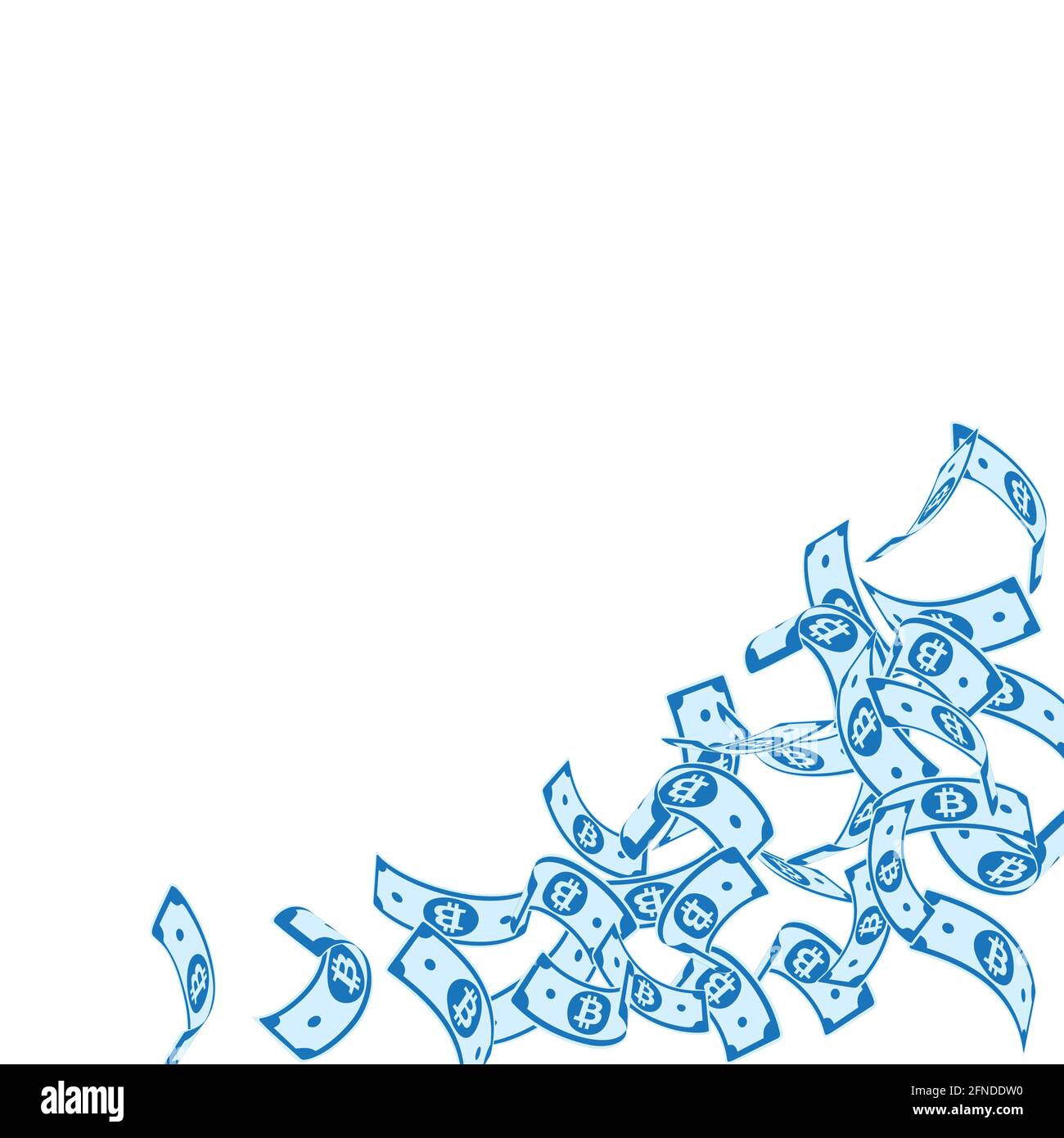 Bitcoin, internet currency notes falling. Floating BTC bills on white ...