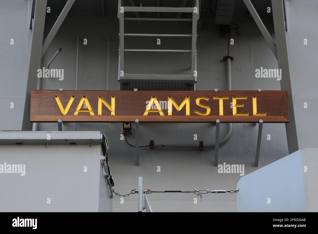 The nameplate of HNLMS Van Amstel (F831), a Karel Doorman-class frigate ...