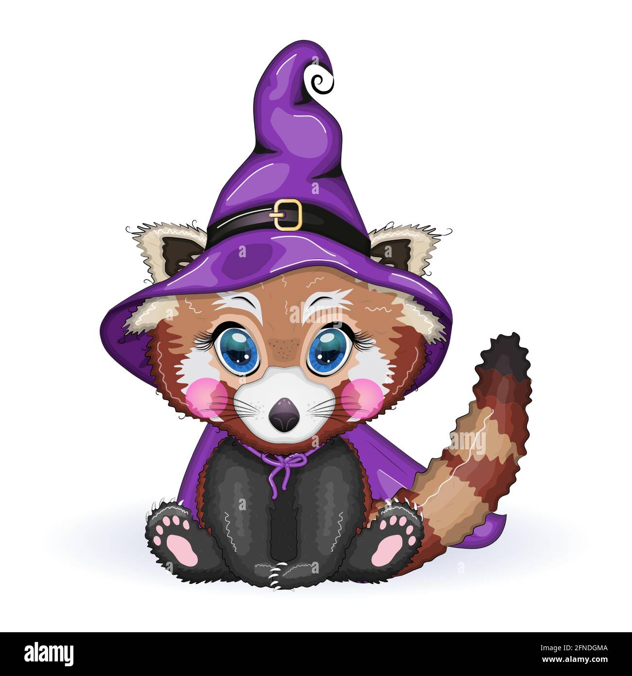 Cartoon red panda in a purple witch's hat and cloak. Halloween poster ...