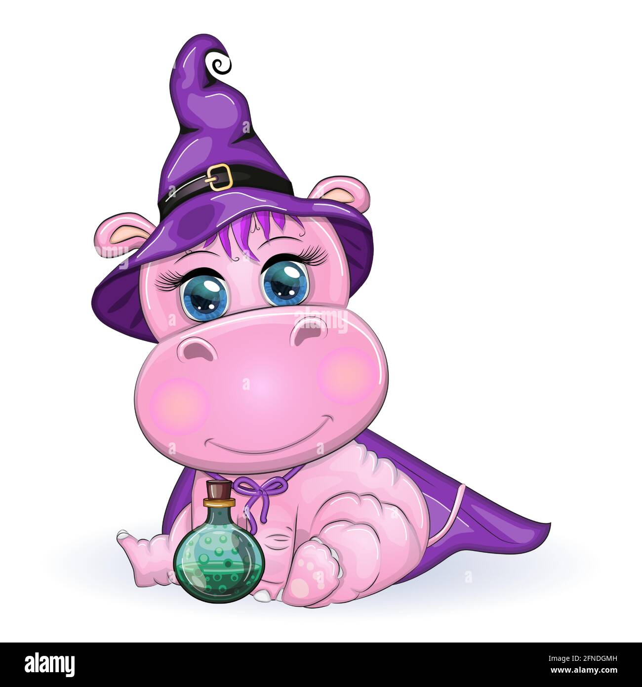 Cartoon hippo with a potion in a purple witch hat and cloak. Halloween ...