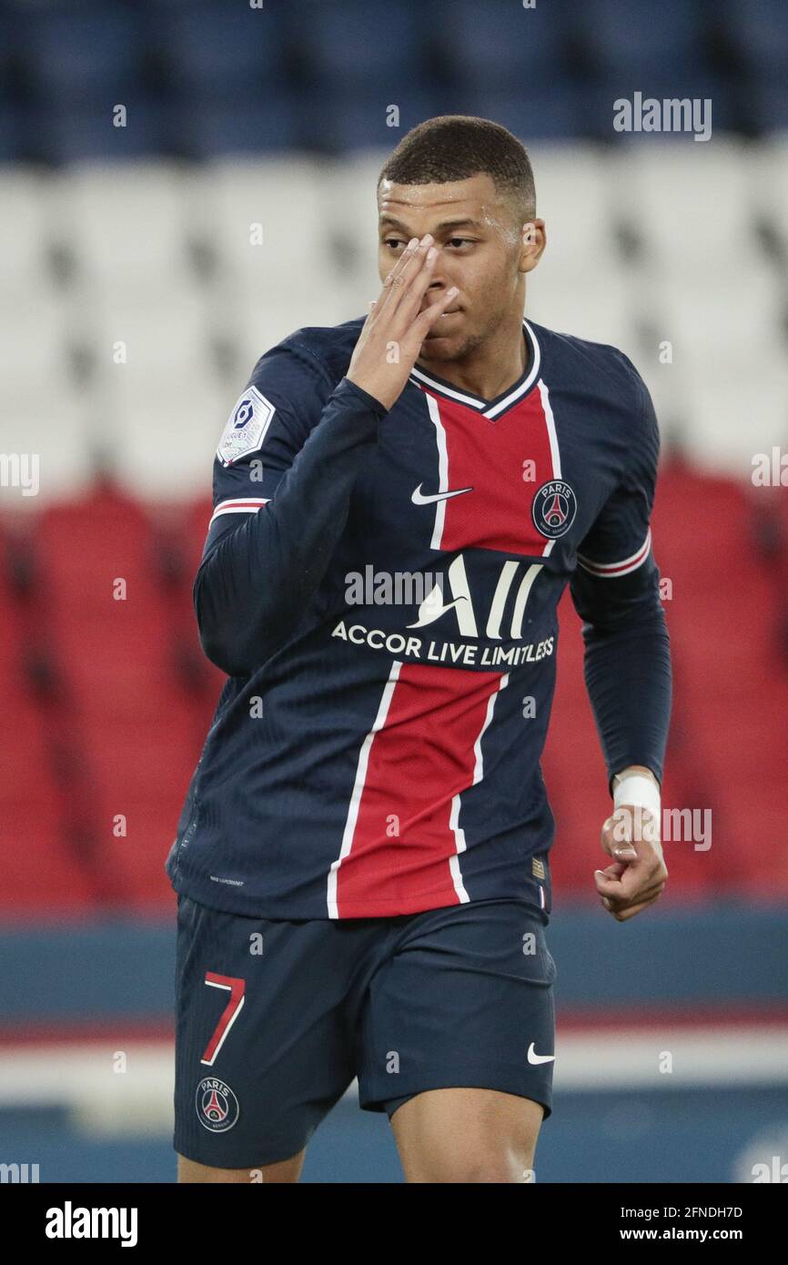 Kylian Mbappe (PSG) reacted during the French championship Ligue 1 ...