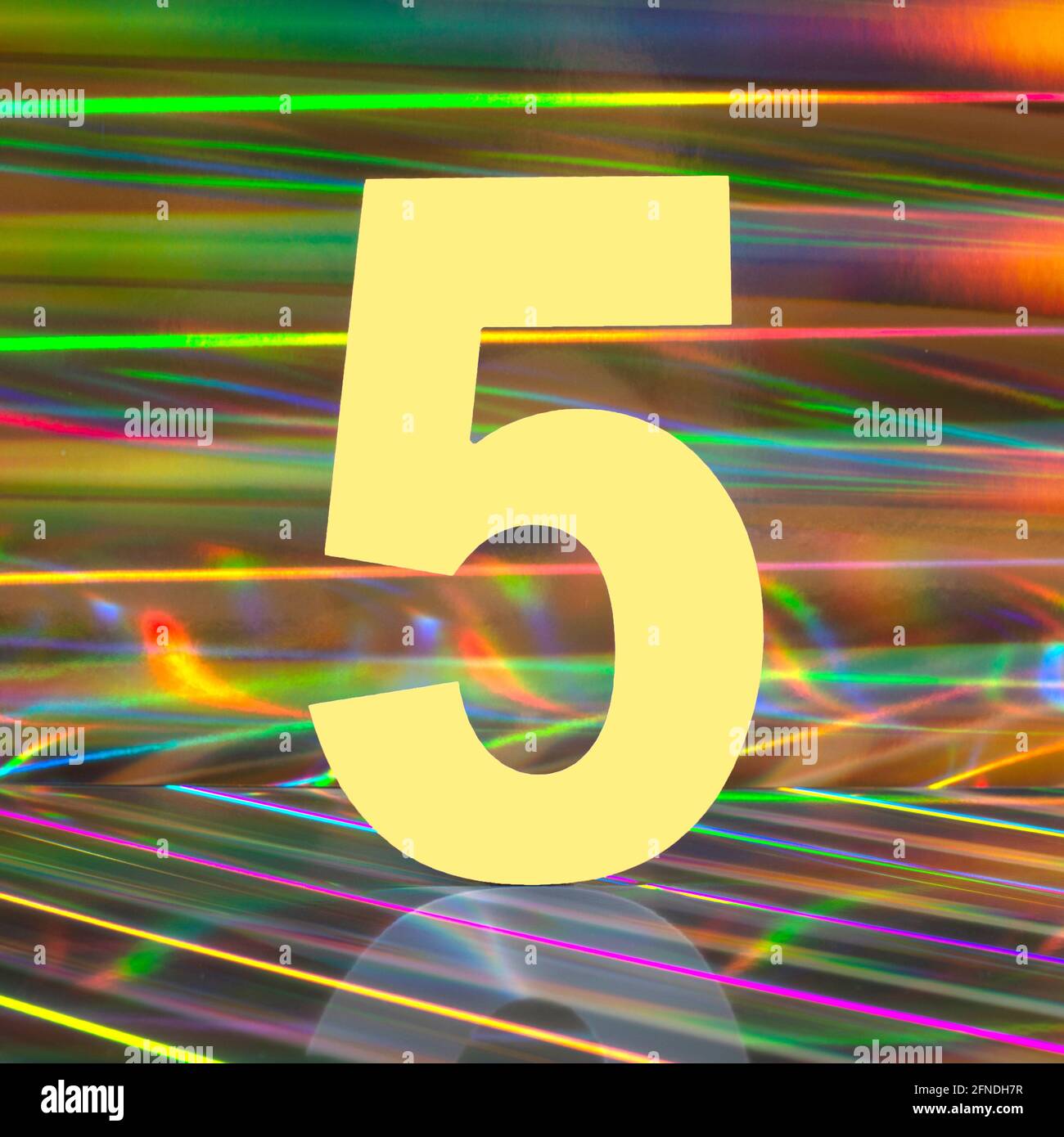 Number five on abstract multicolored holographic background. Disco ...