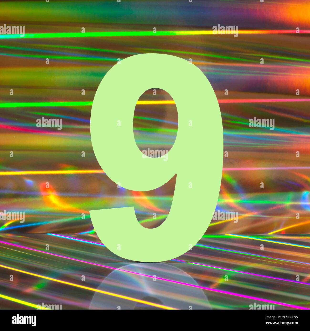 Number nine on abstract multicolored holographic background. Disco ...