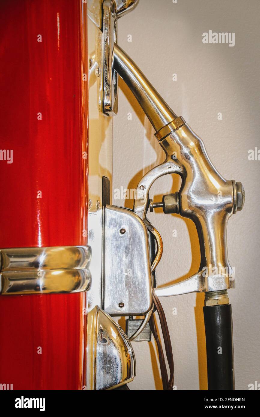 Vintage gas pump from service station - side view with red and chrome ...