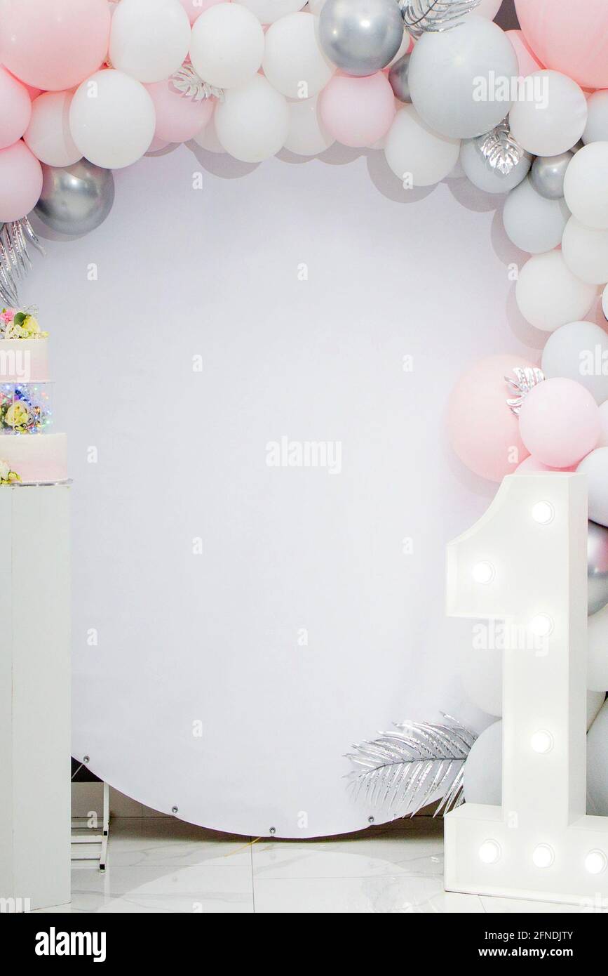 Photozone from balls. Birthday concept. One year Stock Photo - Alamy