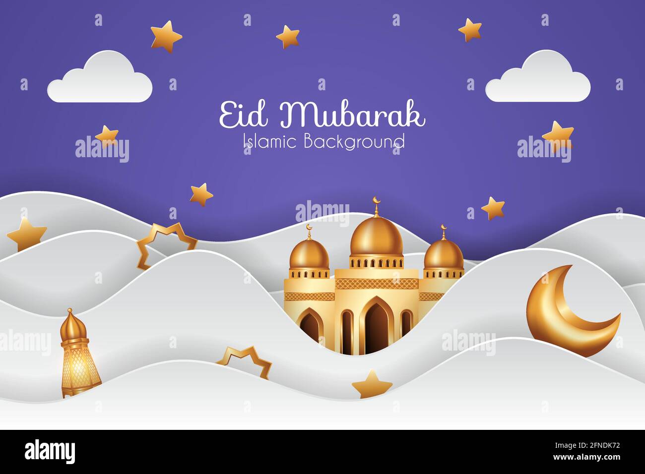 Eid mubarak background in paper cut style with 3d golden mosque and ...