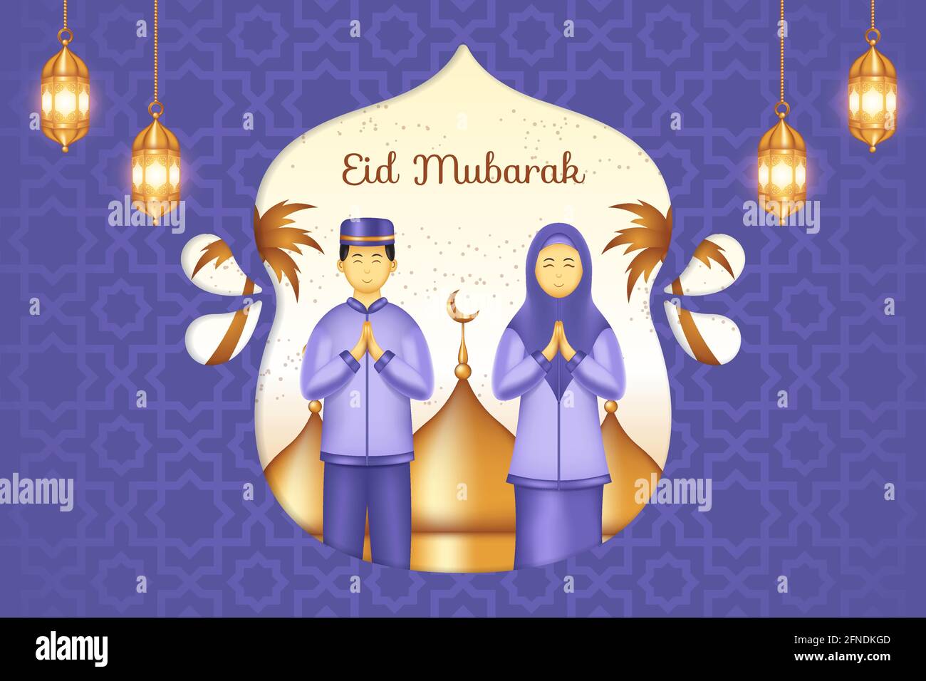 Lovely Eid mubarak background with muslim man and woman praying ...