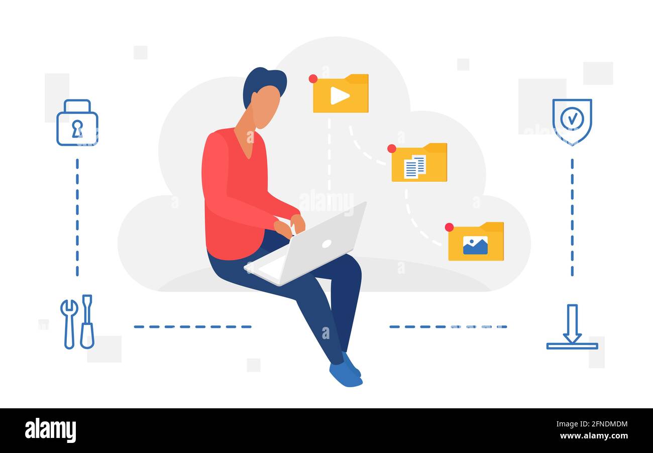 People work with cloud web storage service vector illustration. Cartoon ...