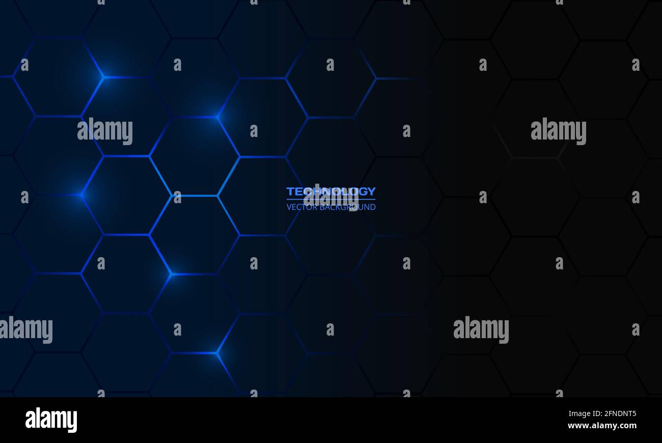 Dark blue hexagonal technology vector abstract background. Blue bright energy flashes under ...