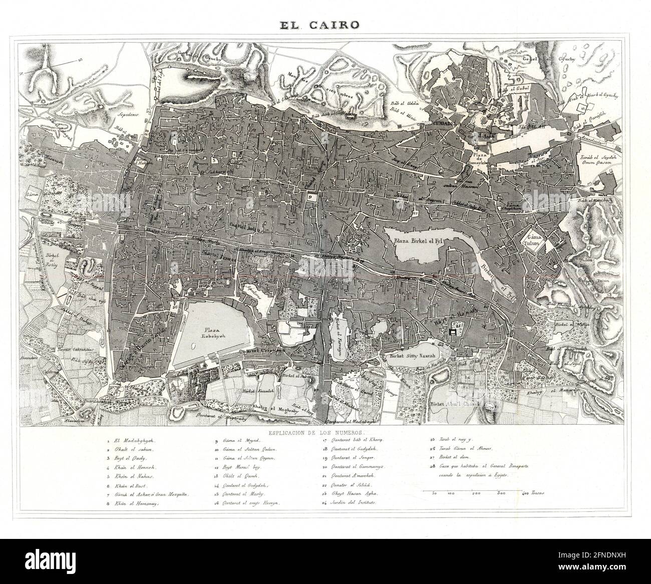 Plano general de la ciudad de El Cairo, Egipto. Grabado de 1870 Stock ...