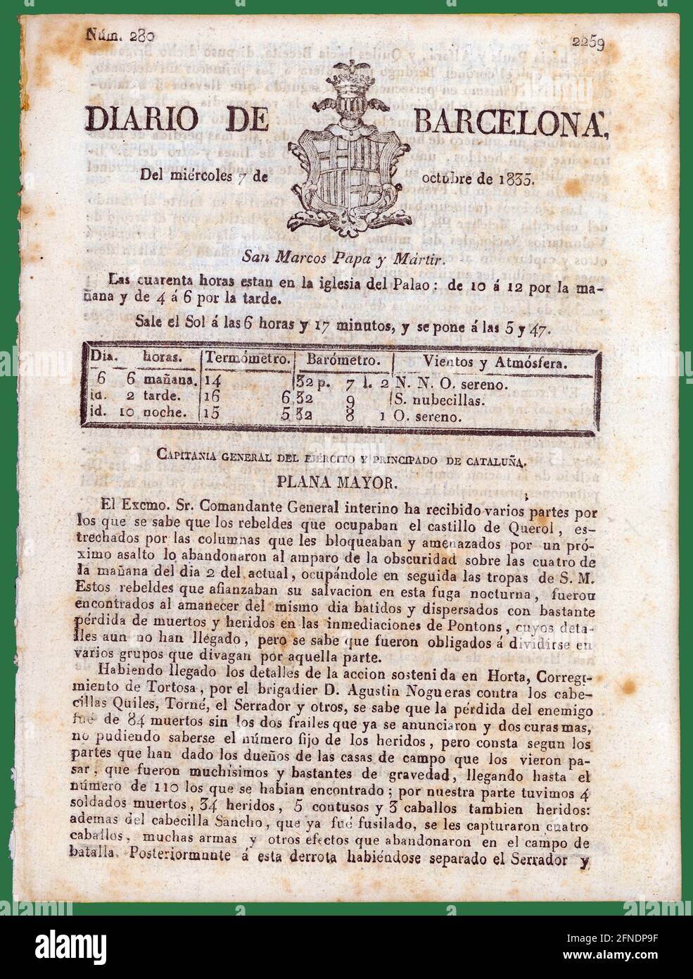 Portada del Diario de Barcelona, octubre de 1835 Stock Photo - Alamy
