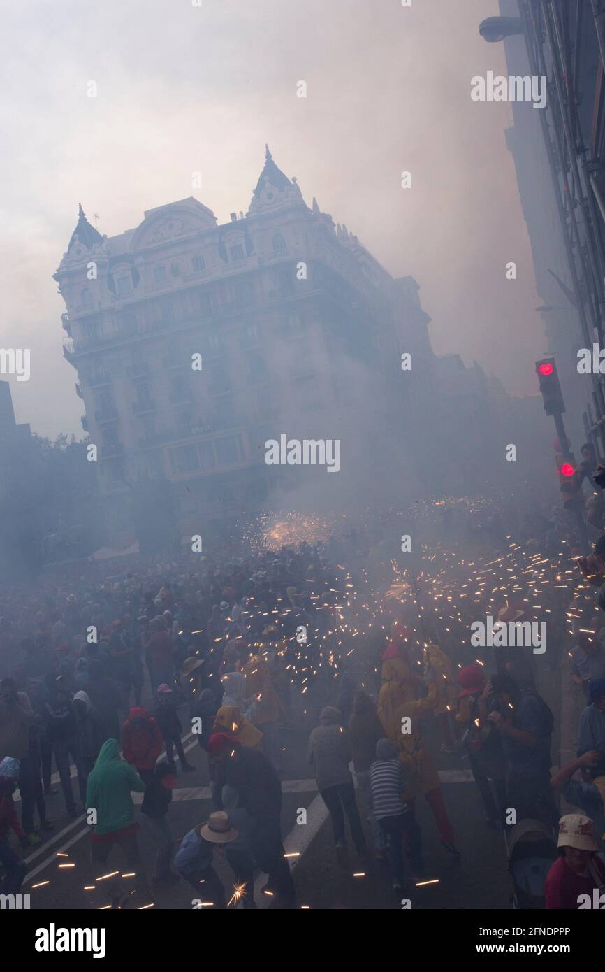 Barcelona, Spain, sept 22, 2018 - pyrotechnics Sparks, smoke, fire on ...