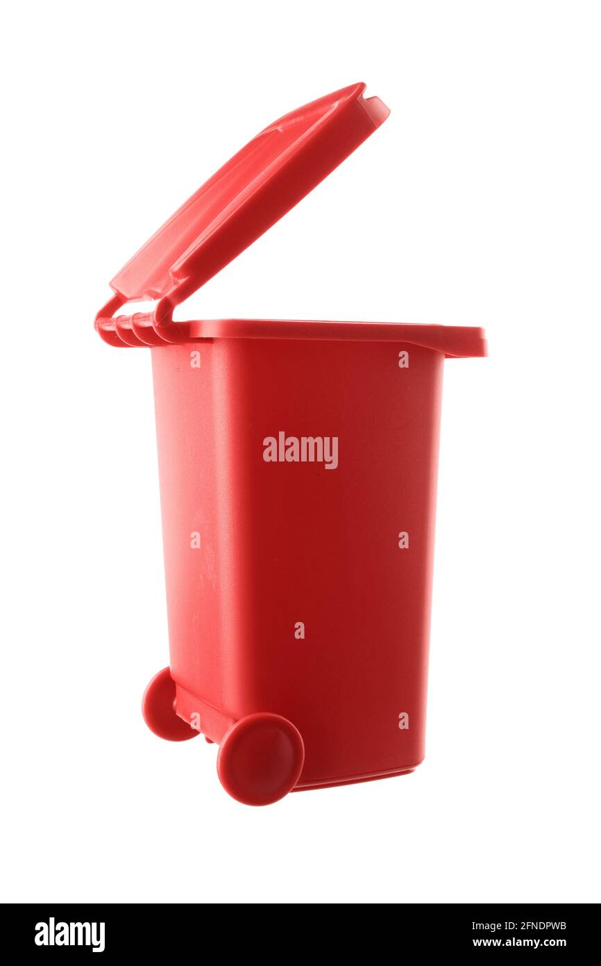 Plastic red trash can isolated on white background Stock Photo - Alamy