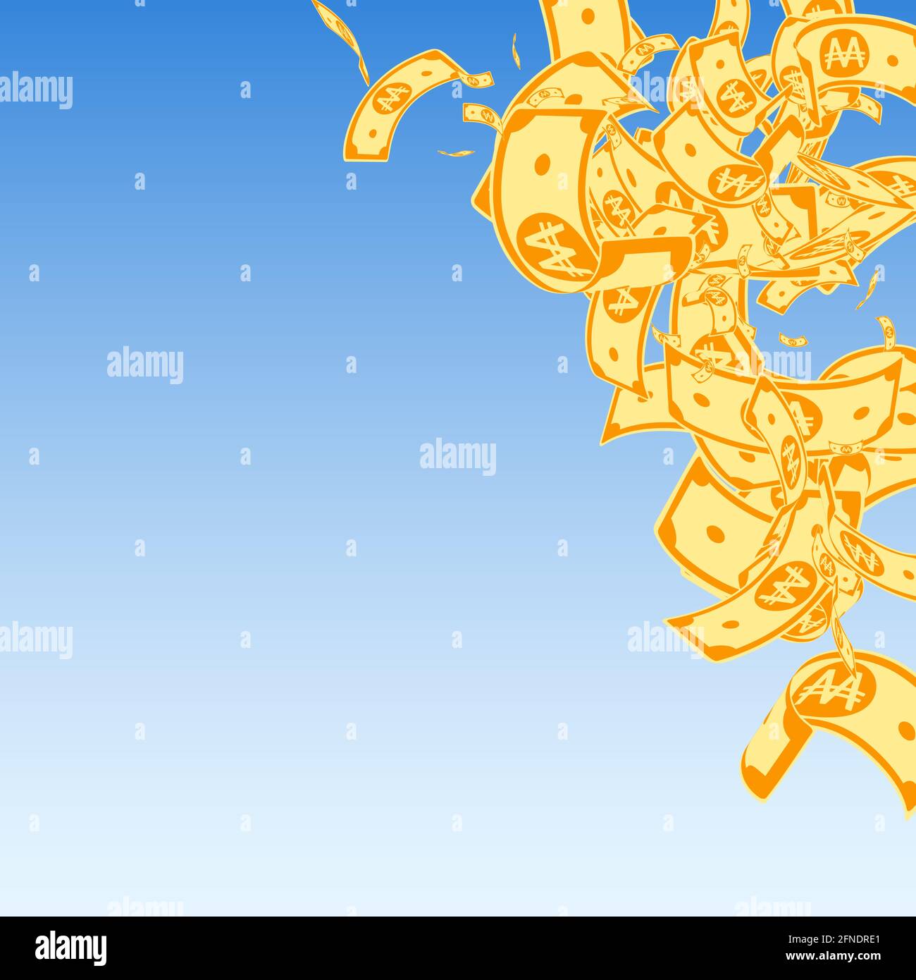 Korean won notes falling. Messy WON bills on blue sky background. Korea ...