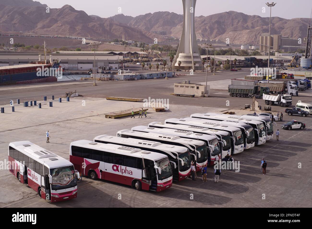 Tourist buses awaiting cruise ship passengers on quayside, Aqaba ...