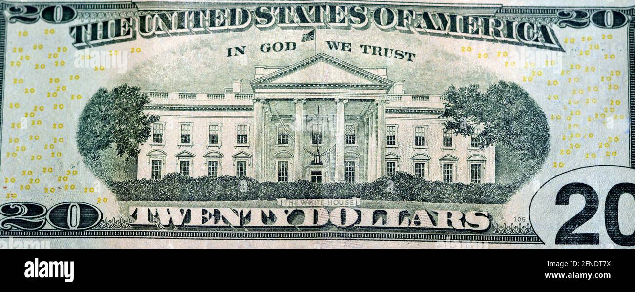 reverse side of 20 dollars portrait, twenty American dollars banknote ...