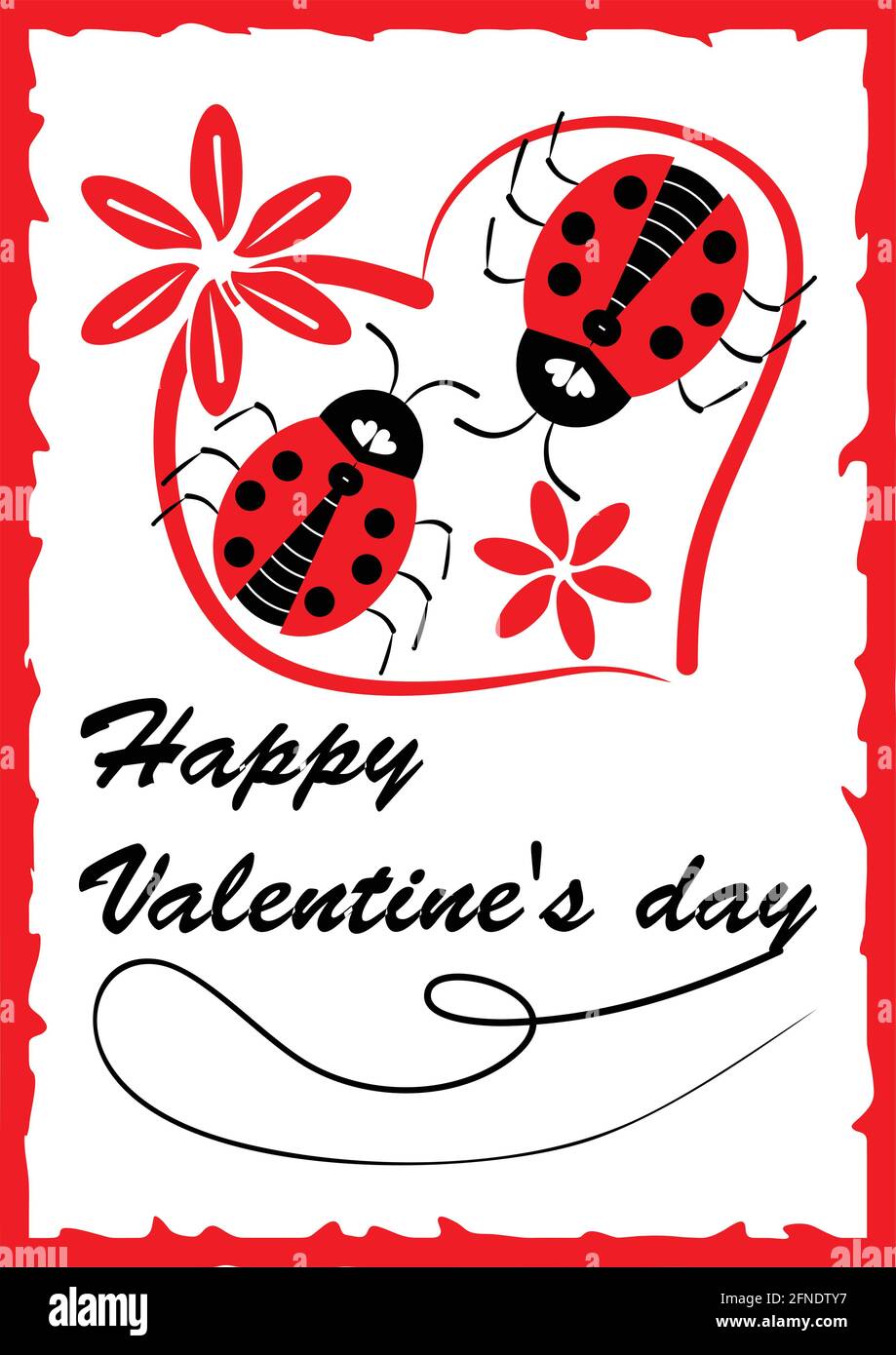 Two ladybugs in heart shape with red flowers - Valentine day postcard ...
