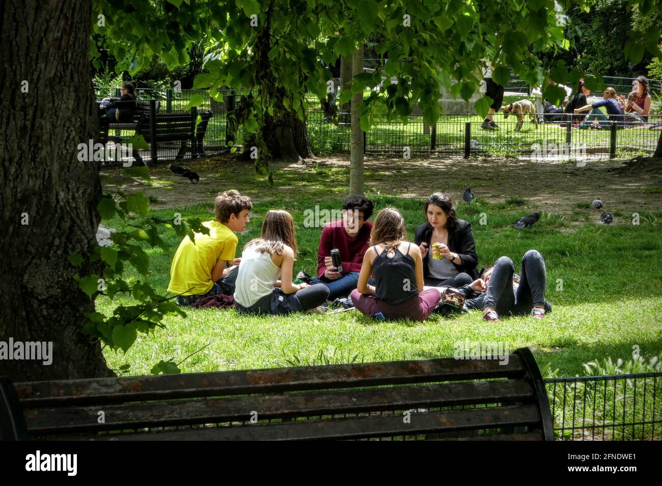 A group of young French people sit and relax on the grass at lunch time ...